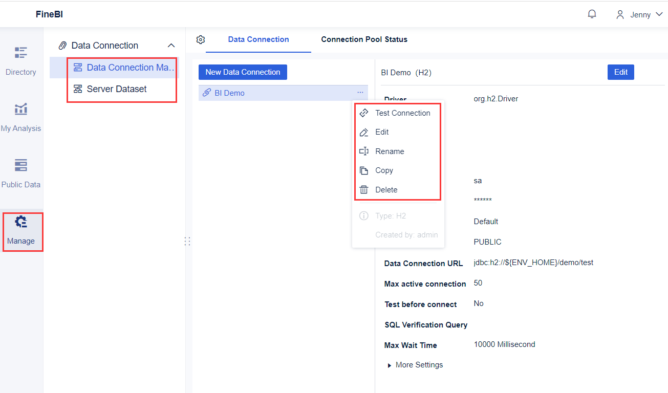 Management Permission of Data Connection- FineBI Help Document