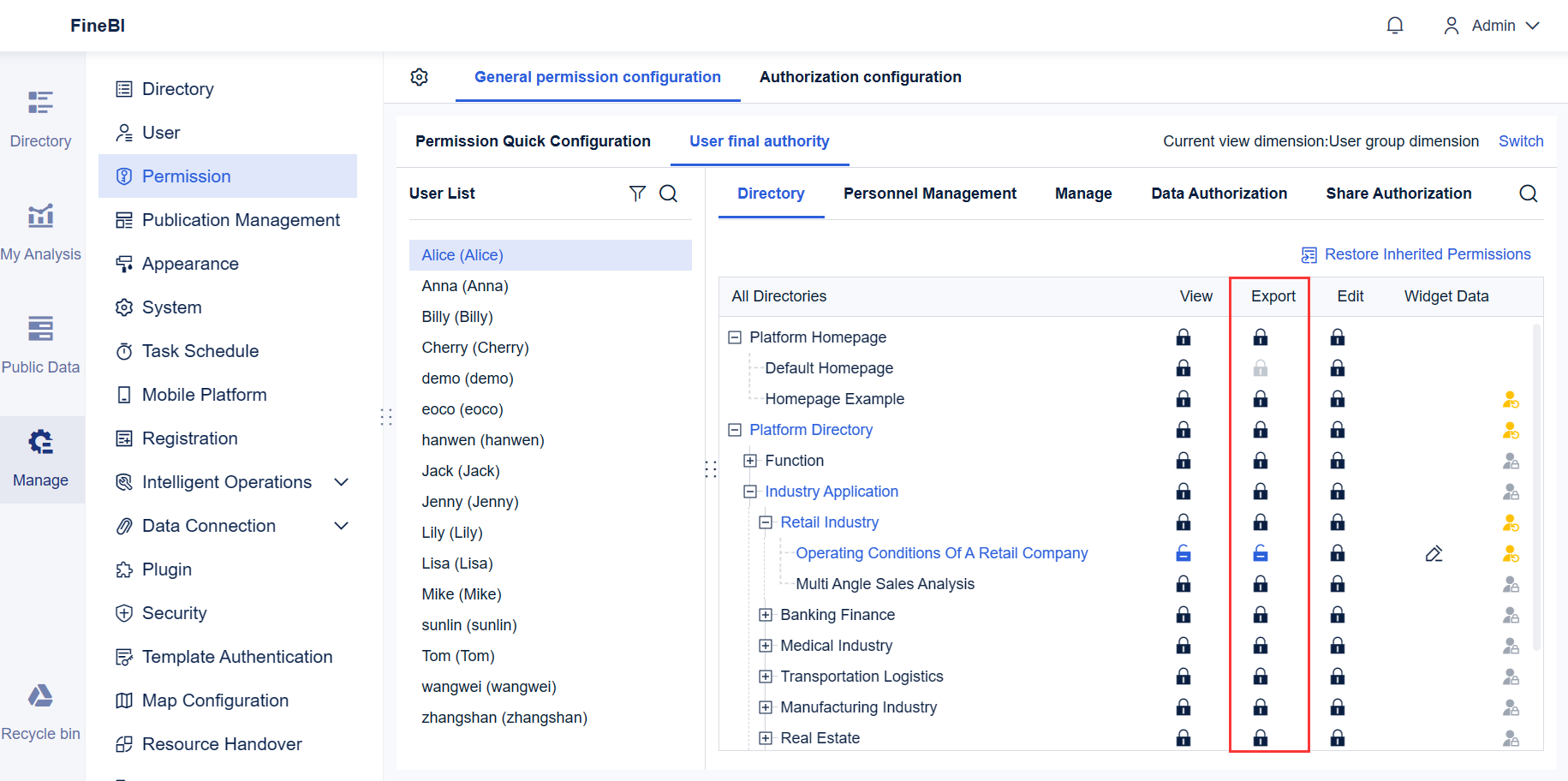 Exporting Permission of Directory- FineBI Help Document