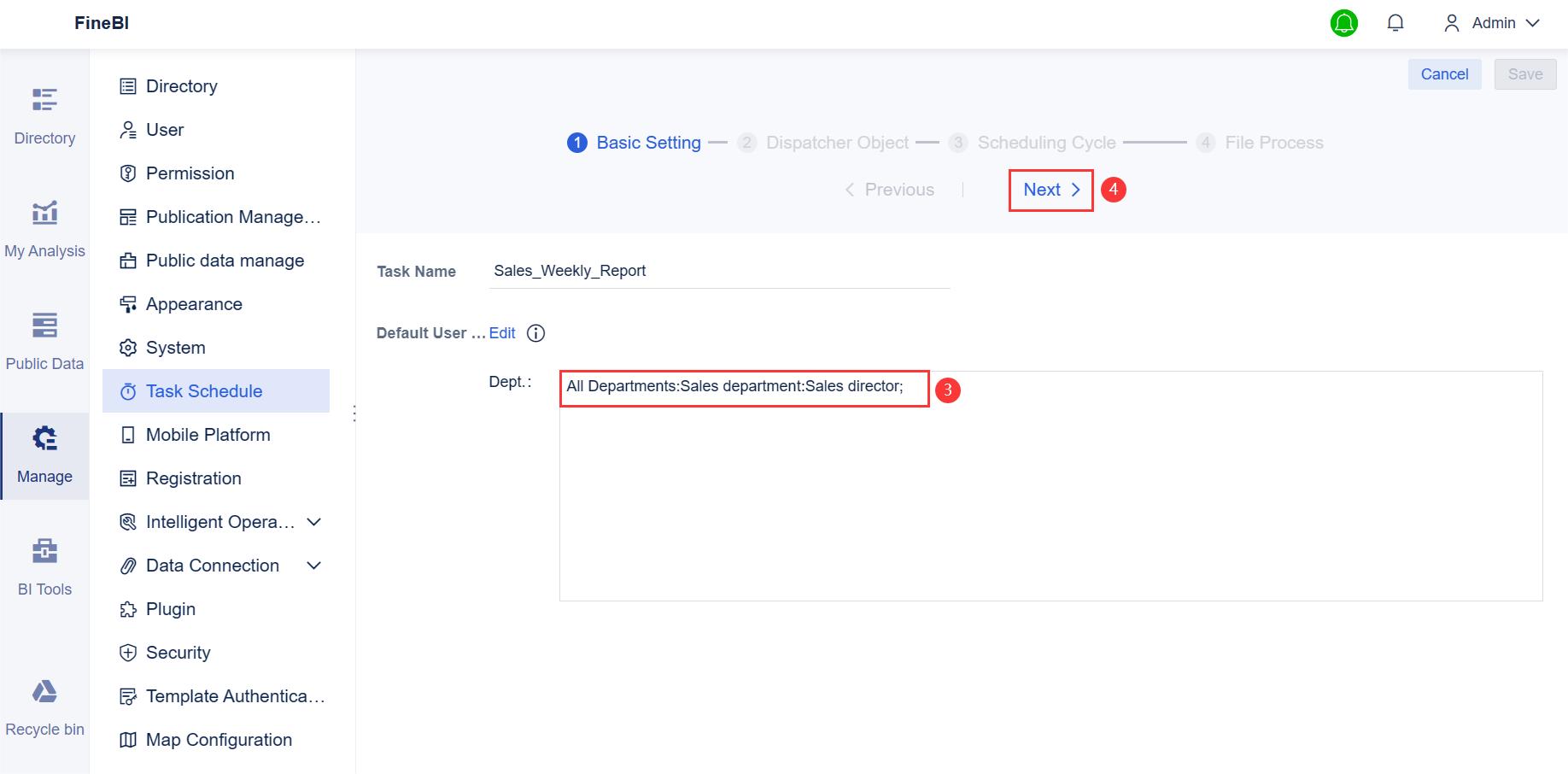 Example for Task Schedule—Weekly Report- FineBI Help Document