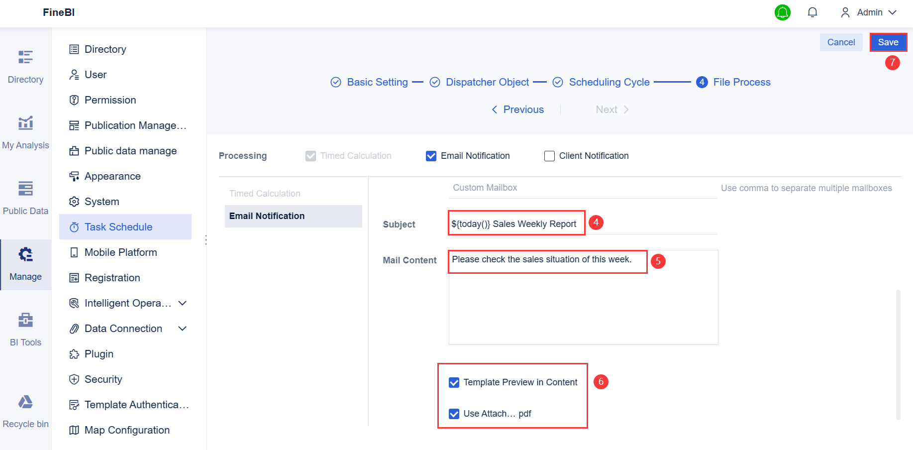 Example for Task Schedule—Weekly Report- FineBI Help Document