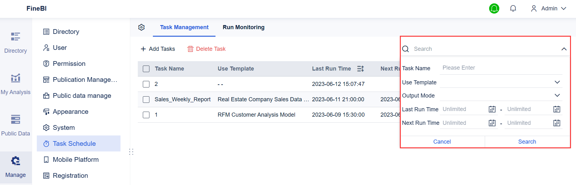 Managing a Scheduled Task- FineBI Help Document