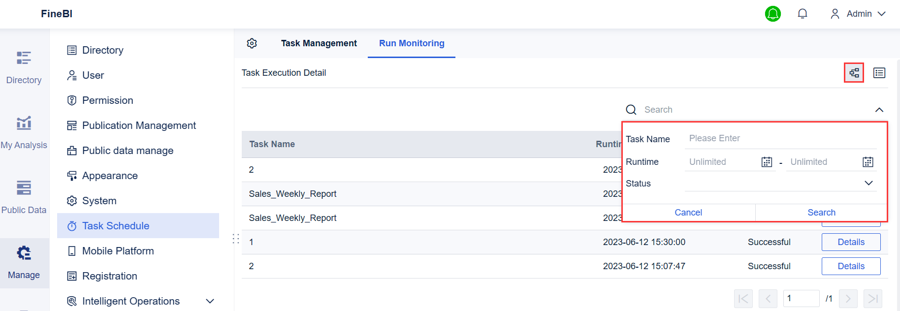 Managing a Scheduled Task- FineBI Help Document
