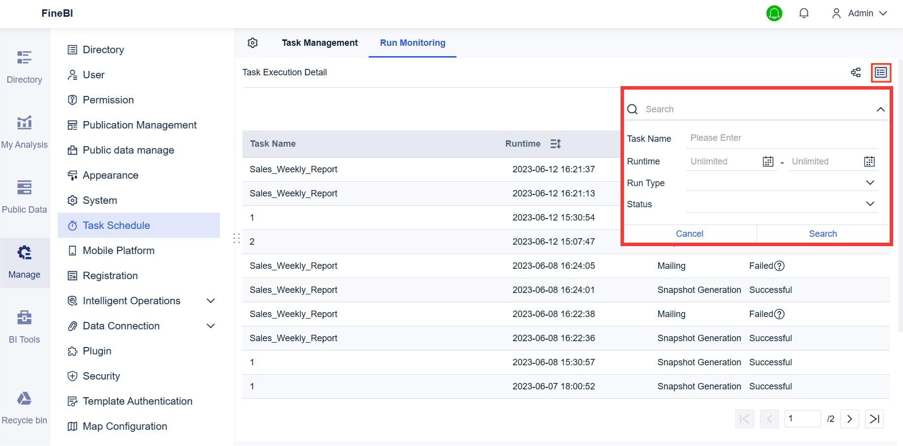 Managing a Scheduled Task- FineBI Help Document