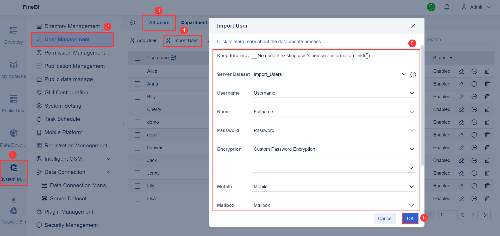 Password Encryption Settings in Import User- FineBI Document