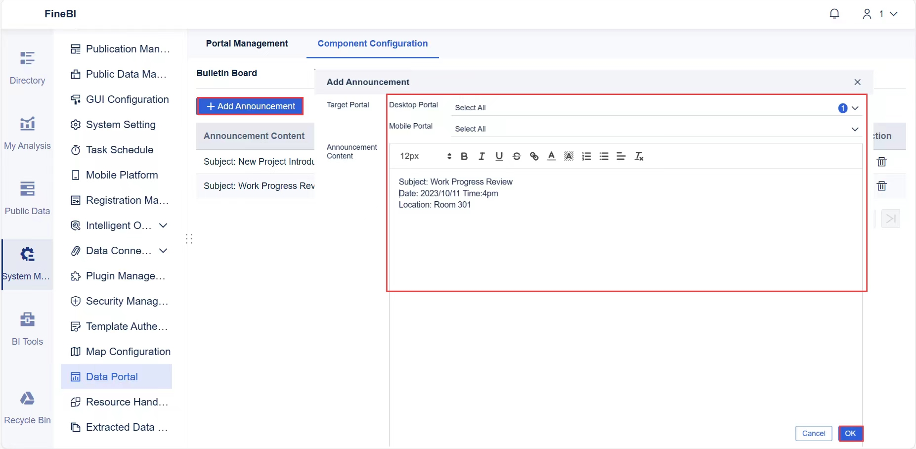 Bulletin Board Component- FineBI Help Document