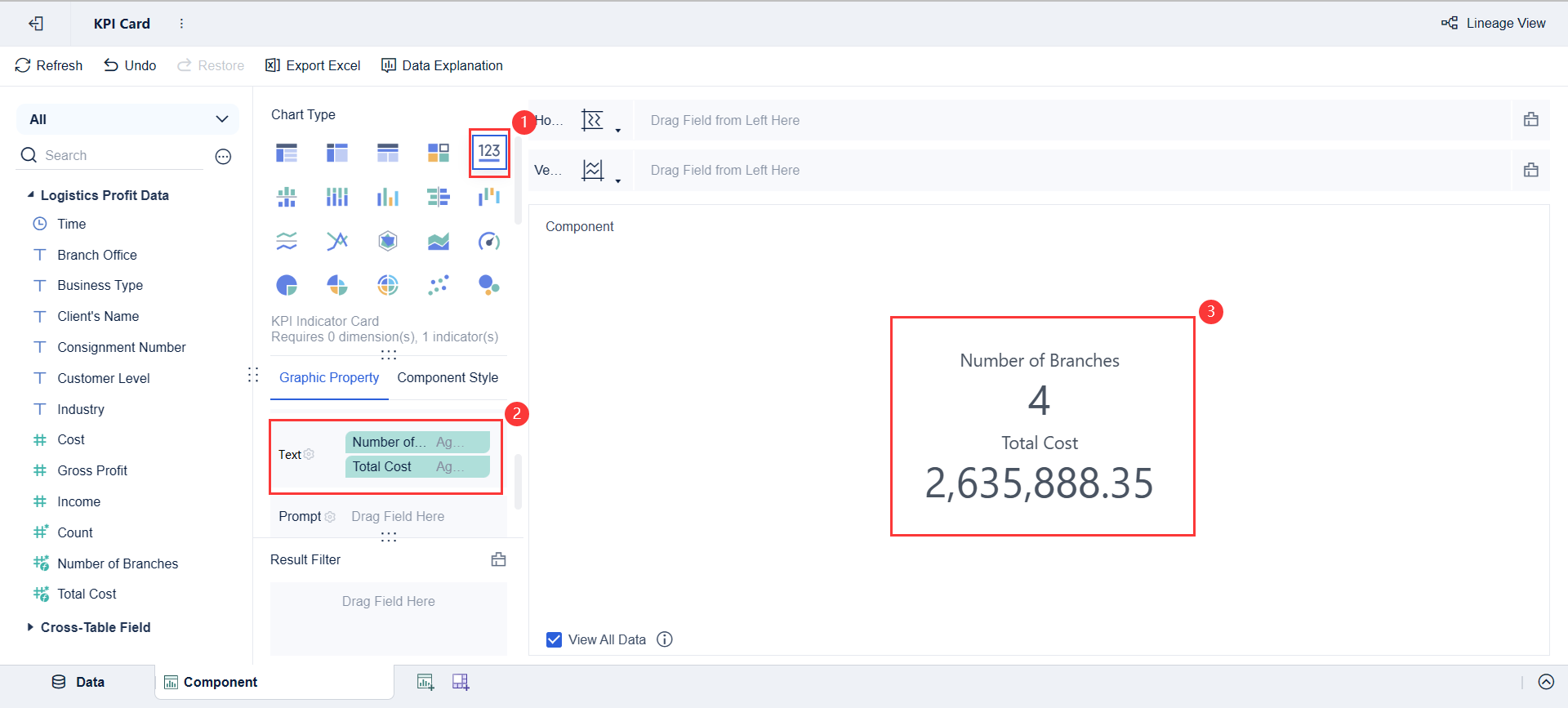 Displaying the Total Value and Maximum Value Using the KPI Card- FineBI Help Document