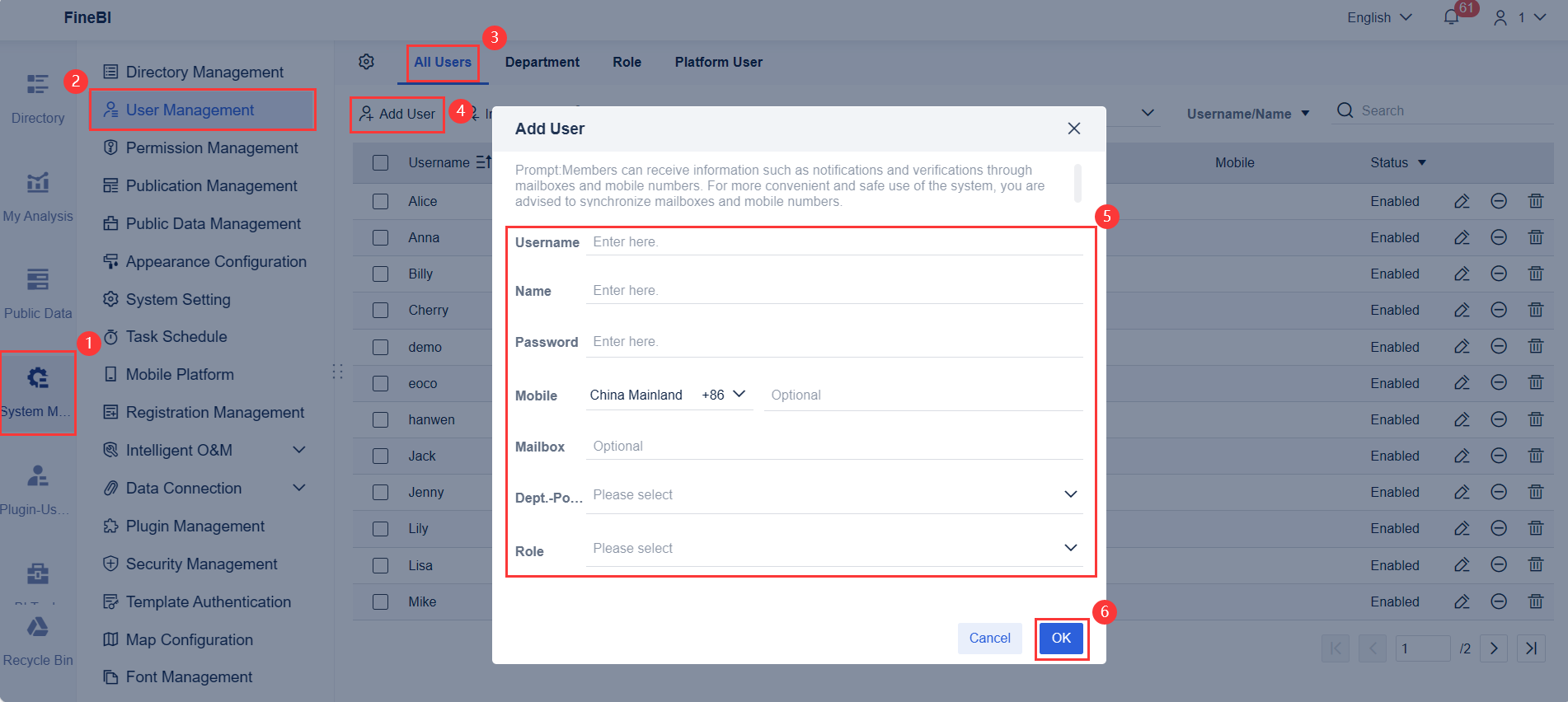 Adding Users- FineBI Help Document
