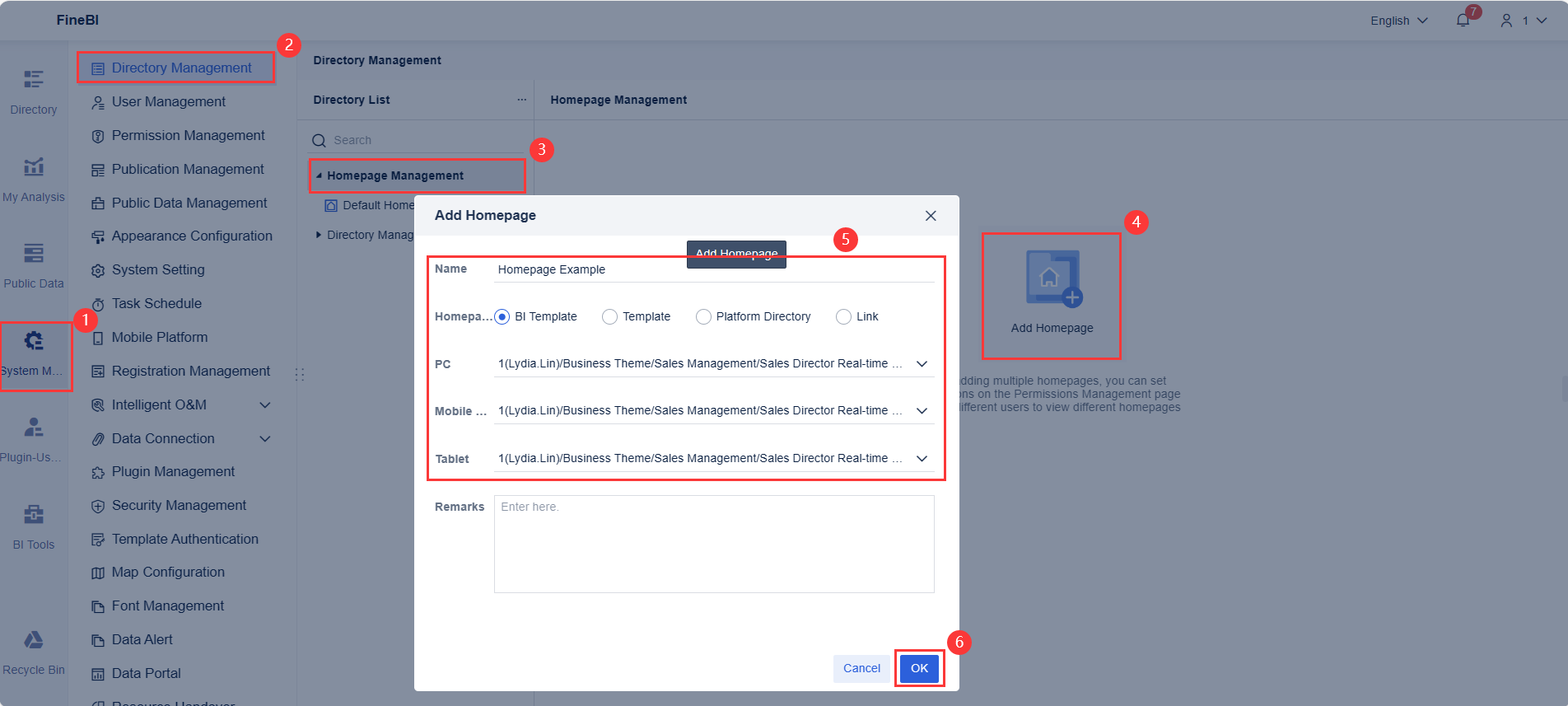 Homepage Management- FineBI Help Document