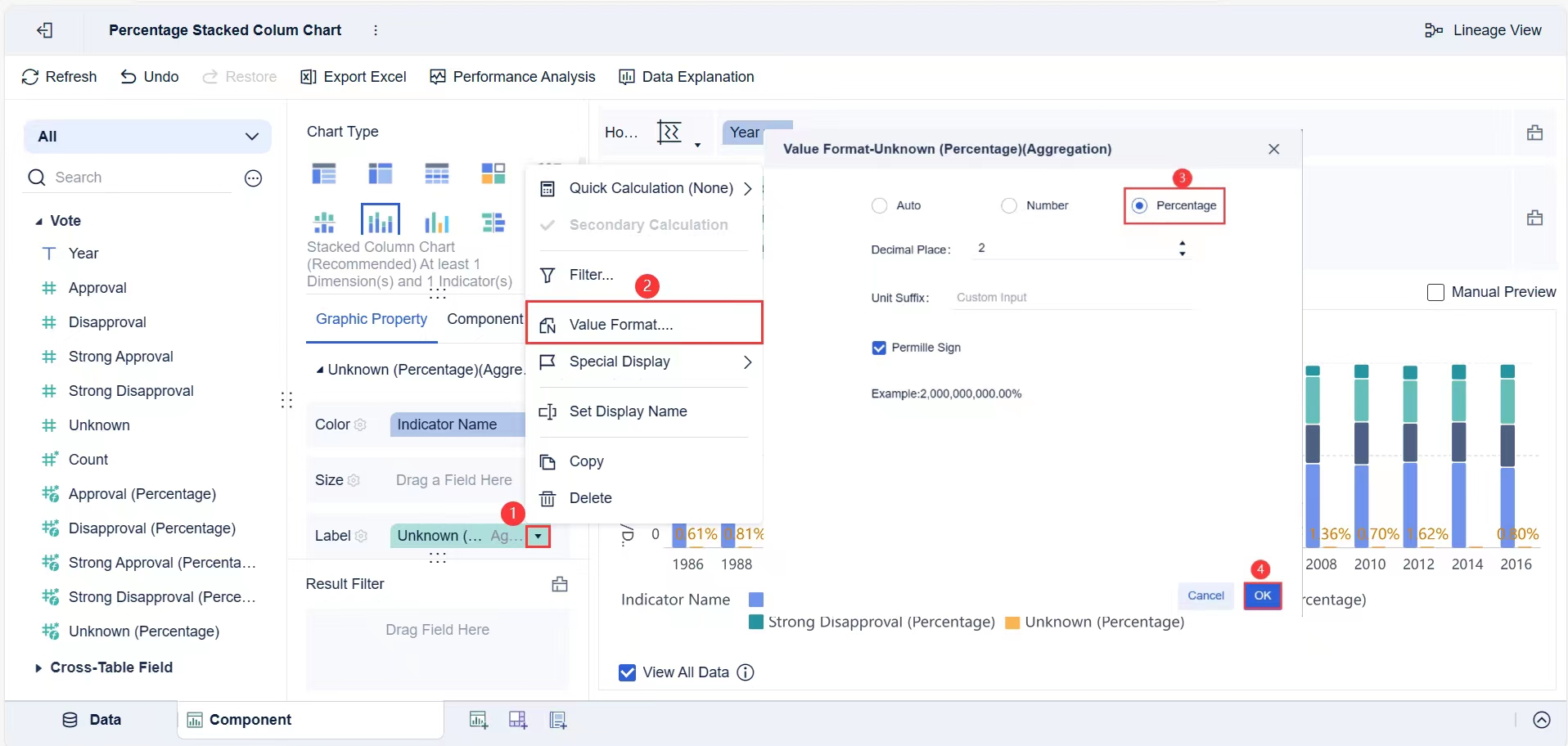 Stacked Percentage Column Chart - Multiple Indicators- FineBI Help Document
