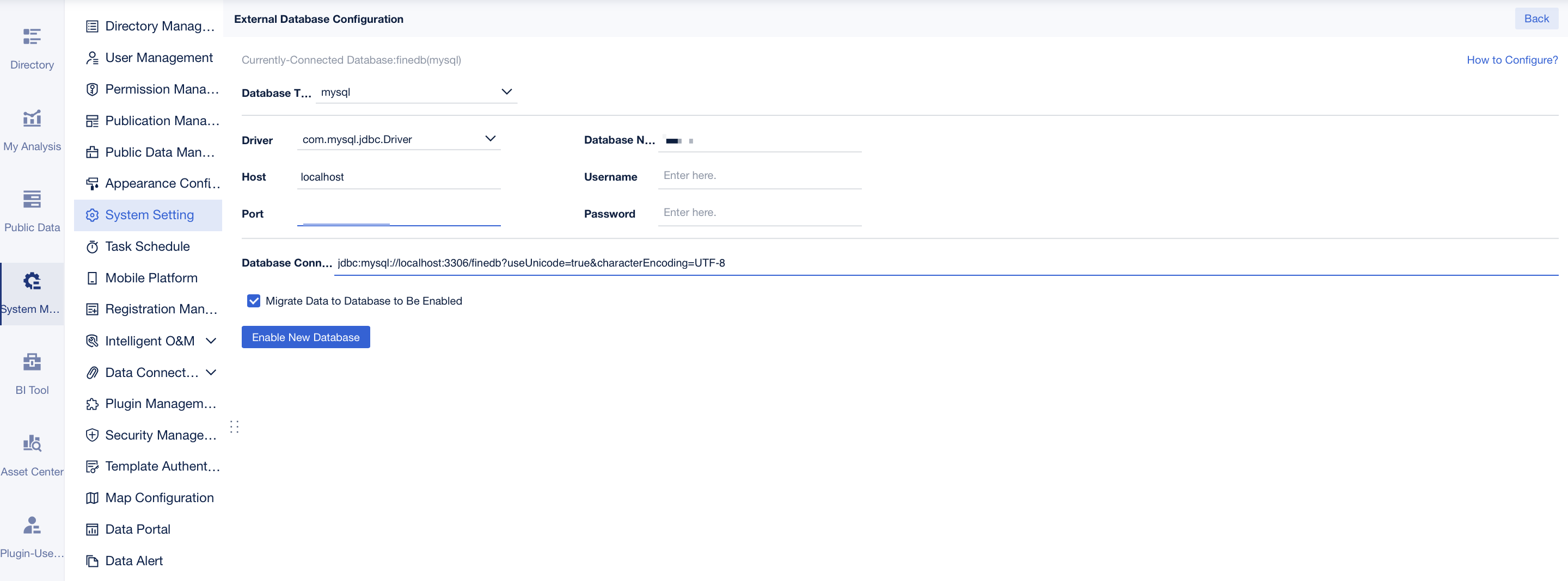 Modifying Account and Password of External Database- FineBI Help Document