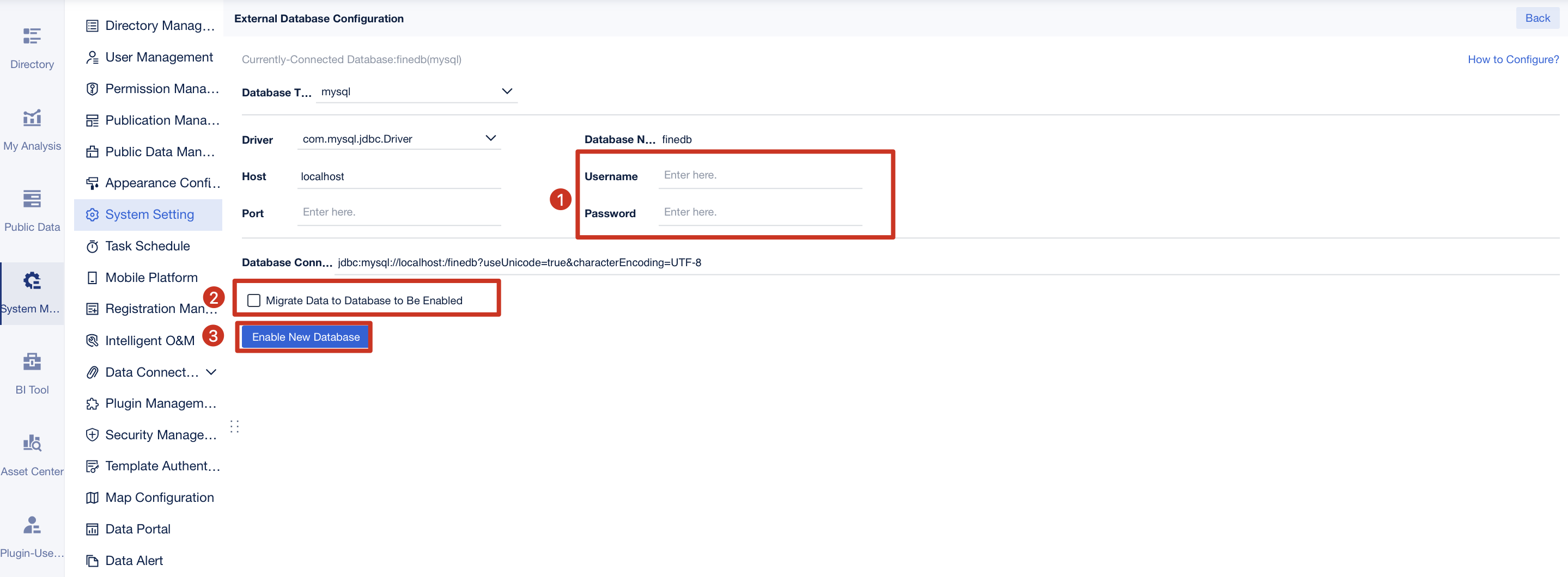 Modifying Account and Password of External Database- FineBI Help Document