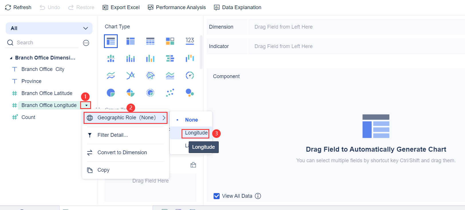 Converting Indicator Fields into Geographical Roles- FineBI Help Document