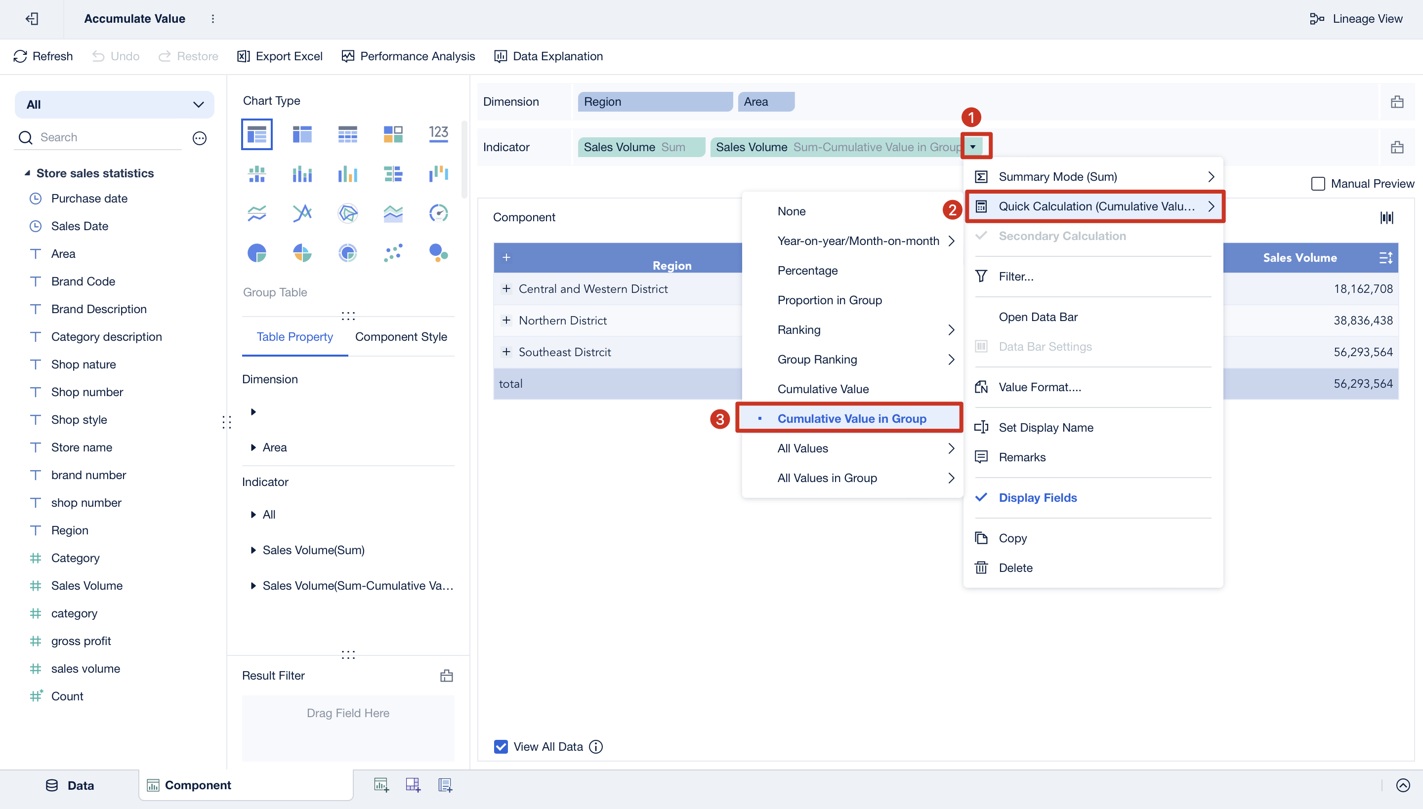 Quick Calculation - Cumulative Value- FineBI Help Document