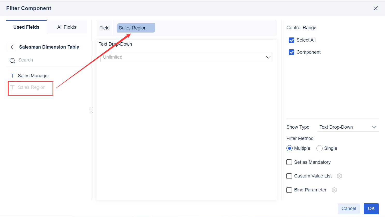 Transferring the Default Value Corresponding to the Login Name by the Filter Com- FineBI Help ...