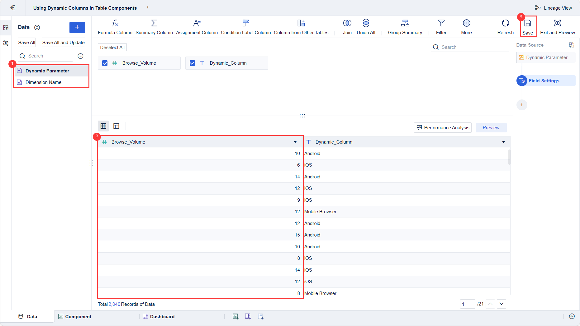 [Direct Connection] Using Dynamic Columns of the Table Component- FineBI Help Document