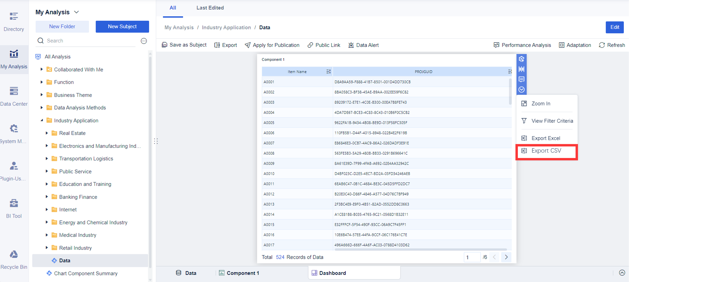 Exporting the Component as CSV- FineBI Help Document