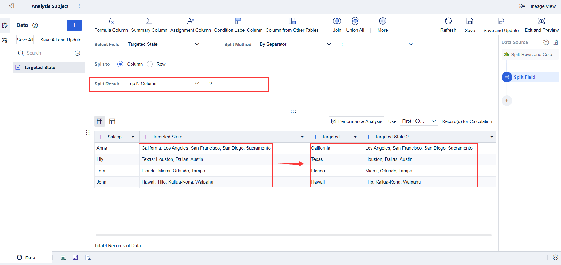 Splitting Rows and Columns- FineBI Help Document