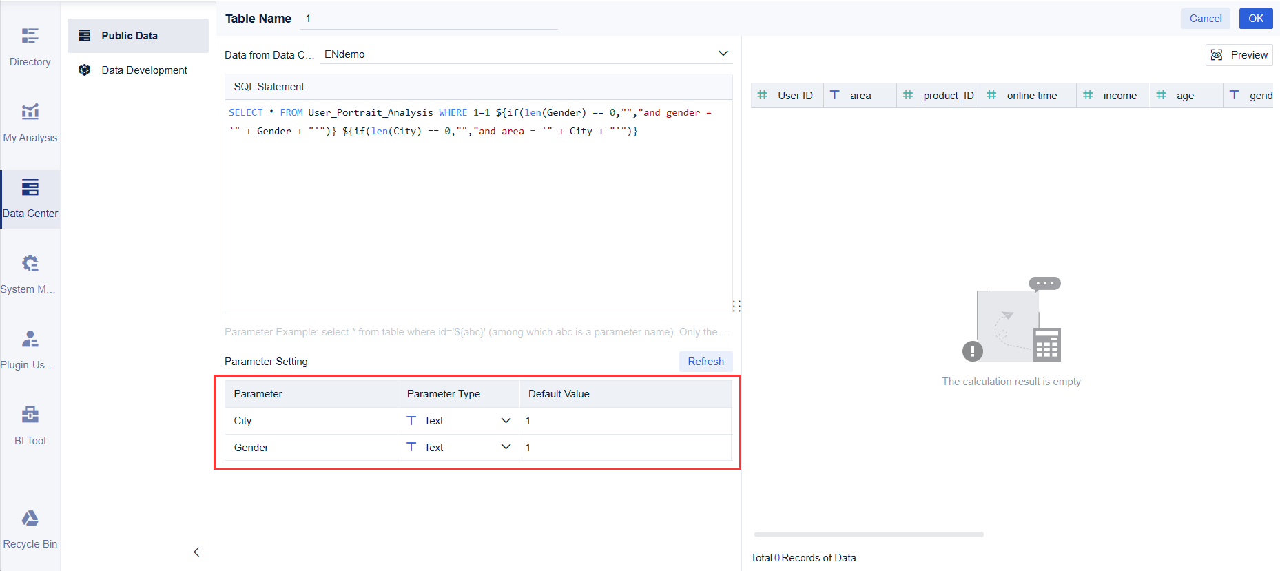 Defining Parameters when Adding SQL Datasets- FineBI Help Document