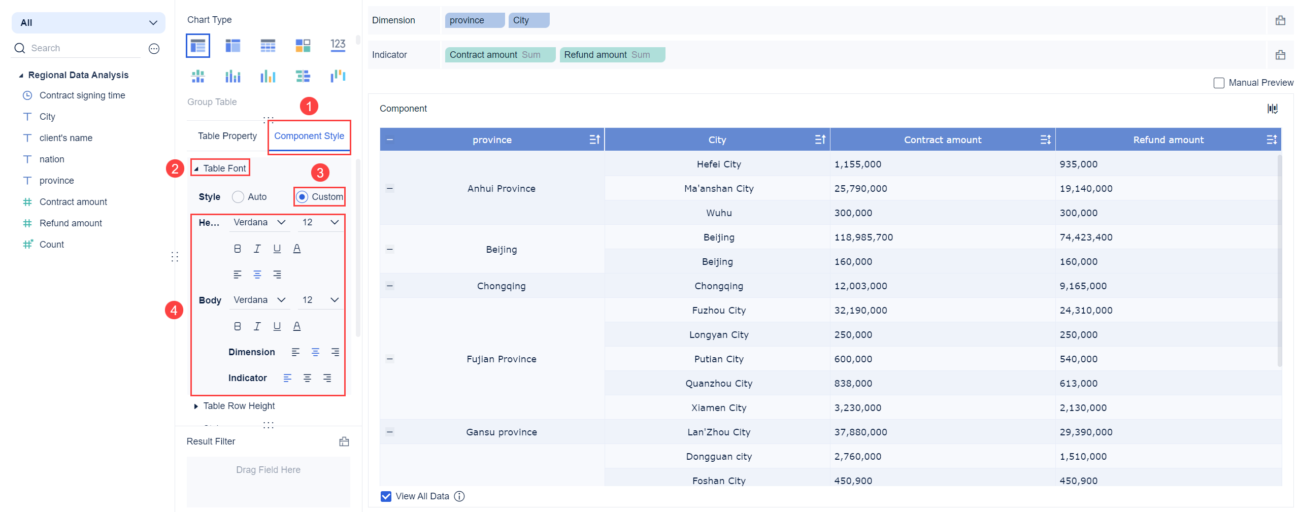 Table Font- FineBI Help Document