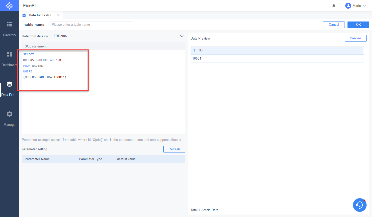 Add SQL dataset- FineBI Help Document FineBI Document