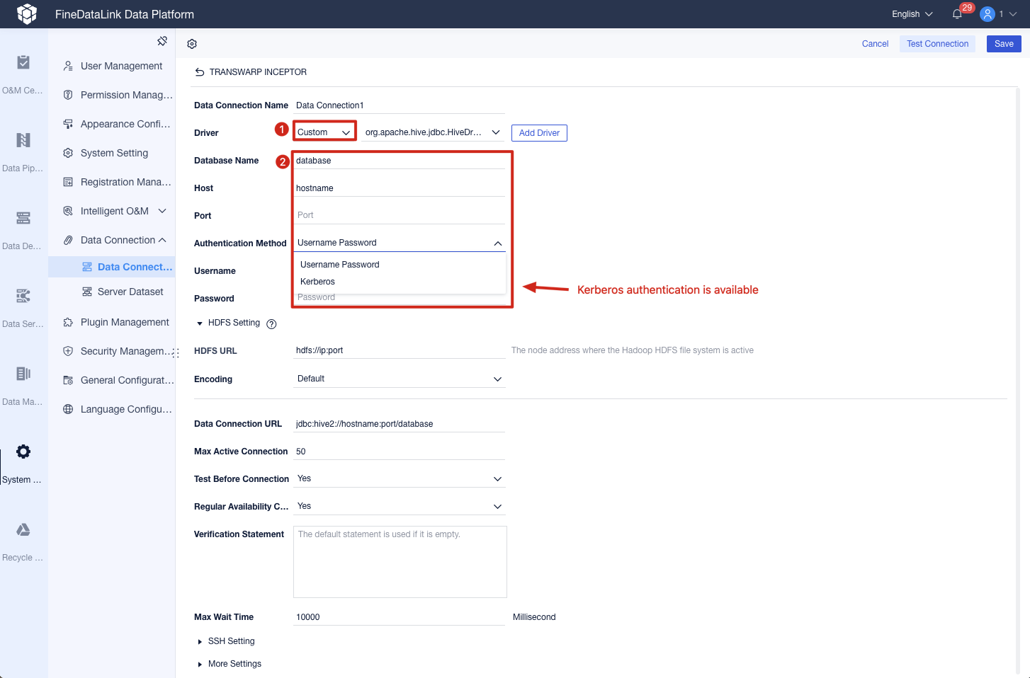 Transwarp Inceptor Data Connection- FineDataLink Help Document