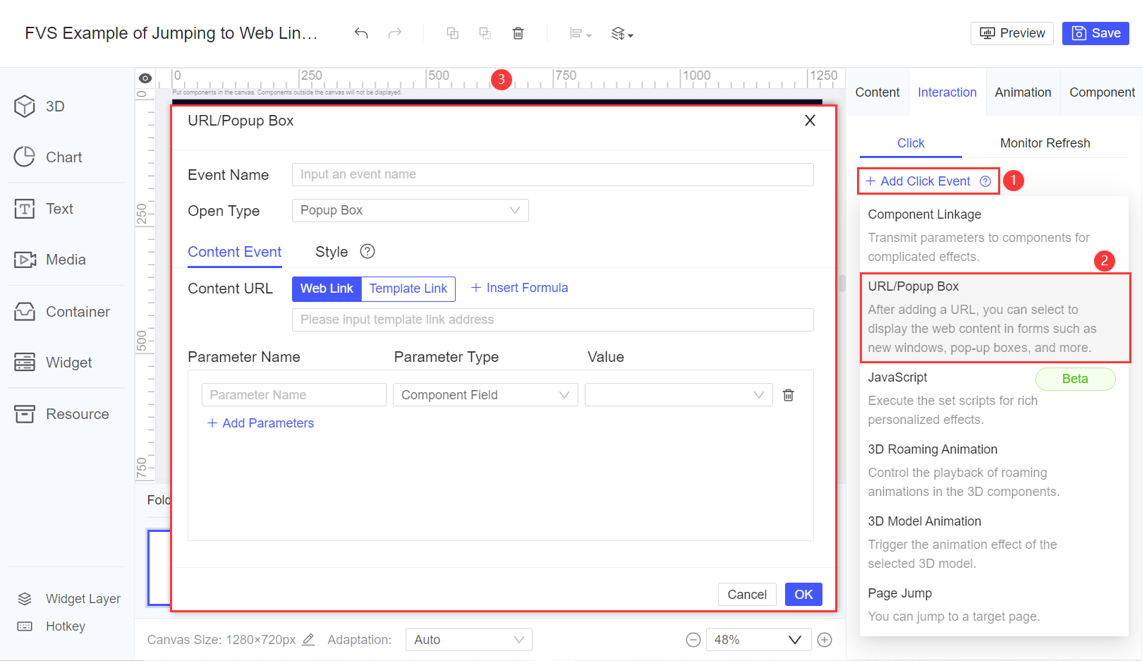 FVS Event of Jumping to a Webpage Link/Popup Box-FineReport Help Document