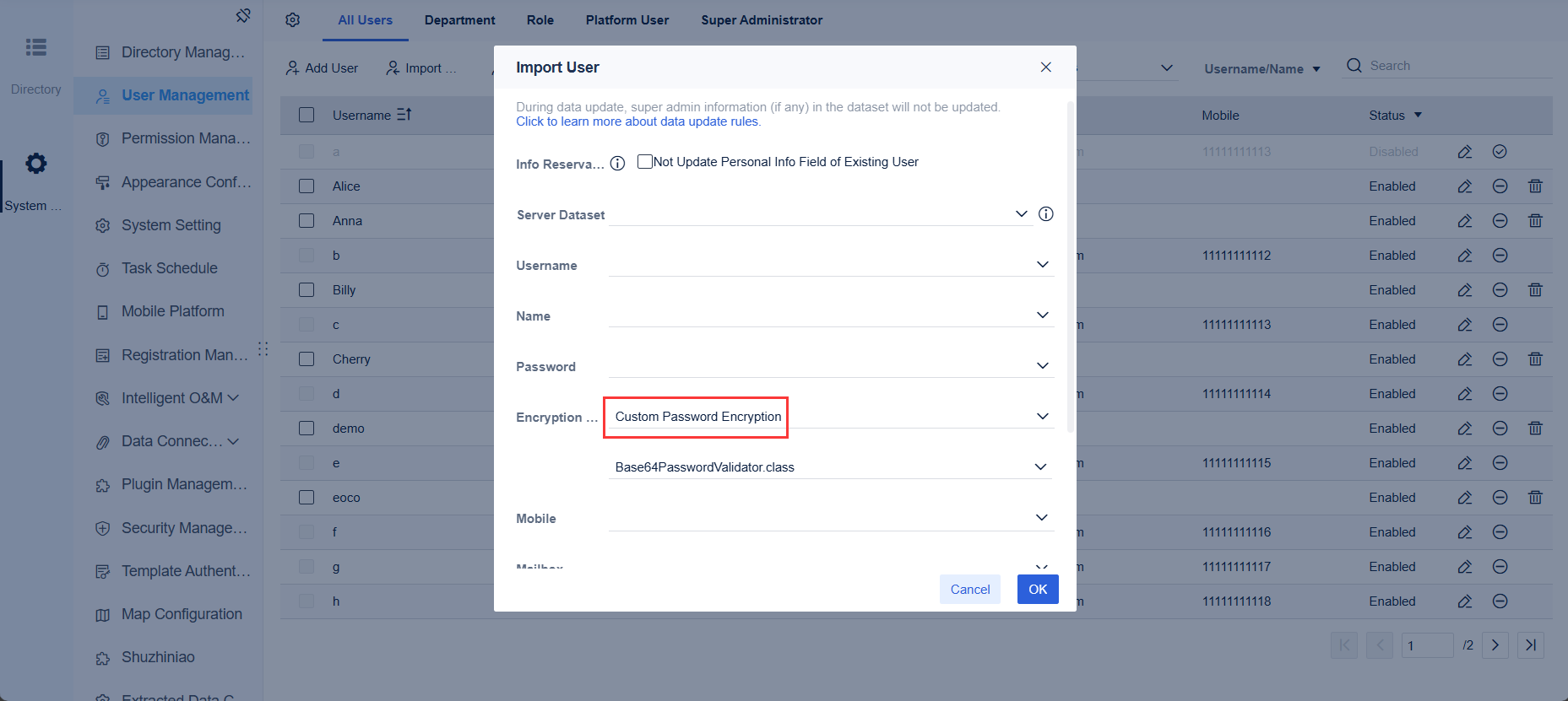 Password Encryption Setting for the Import User-FineReport Help Document