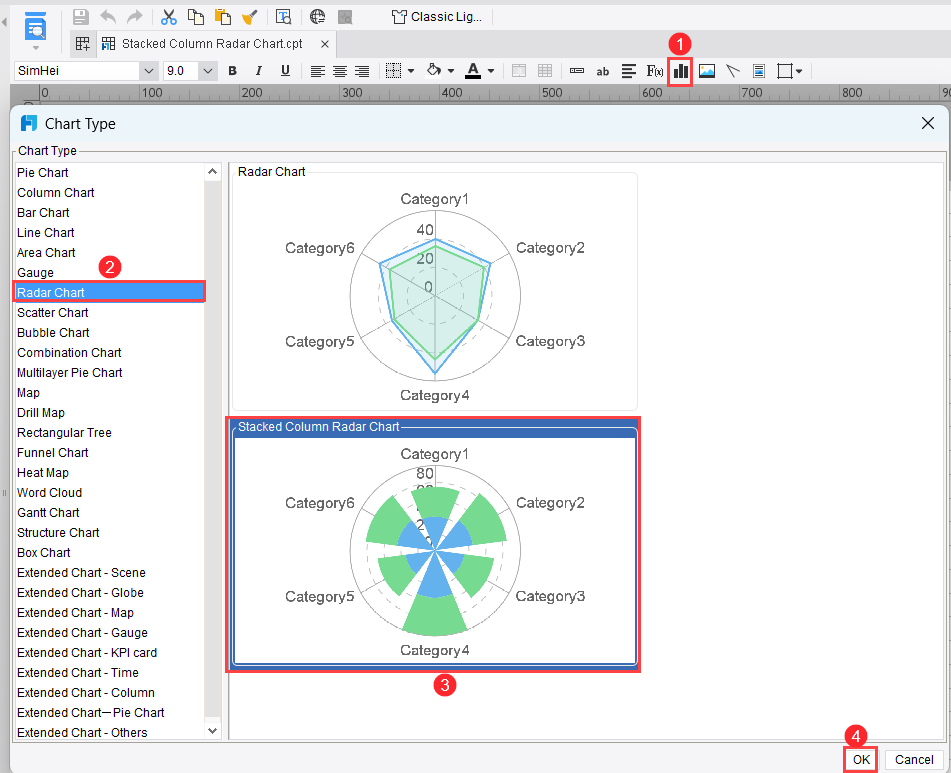 Stacked Column Radar Chart-FineReport Help Document