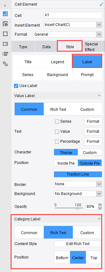Label Display in the Center of a Pie Chart-FineReport Help Document