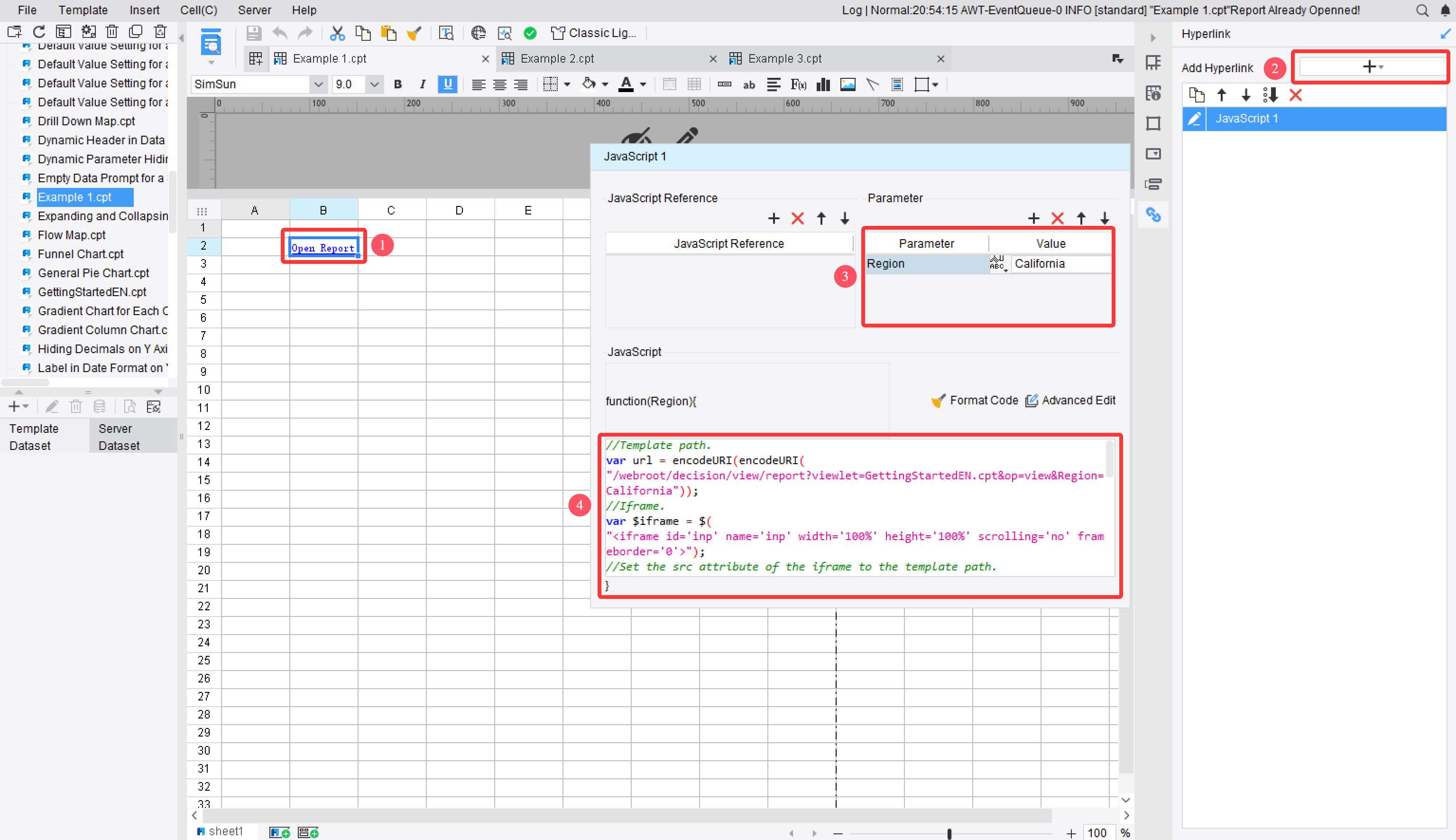 Hyperlink Click to Open a Report in a Dialog Box and Pass Parameters by JS-FineReport Help Document