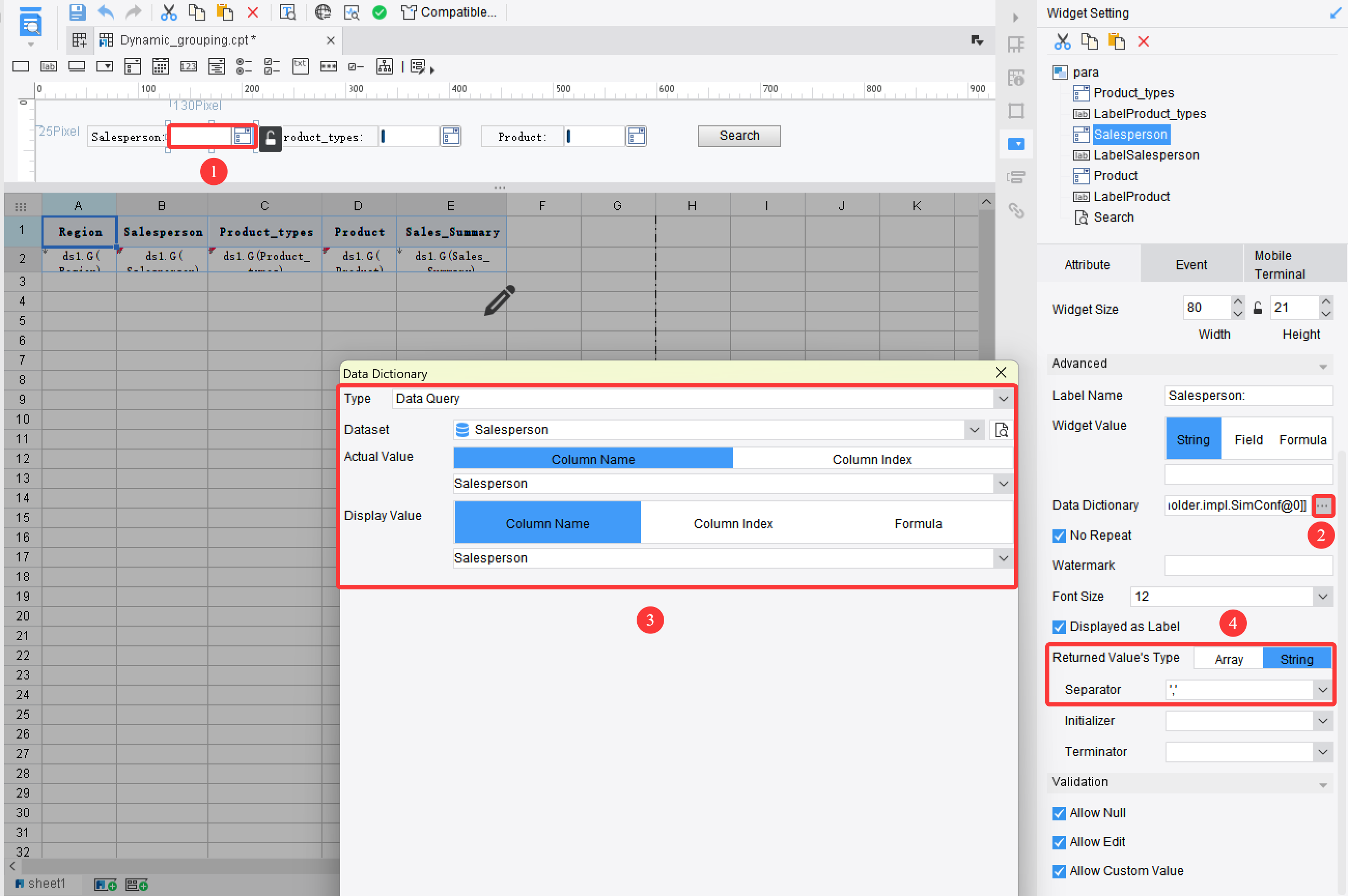 Dynamic Columns by Drop-down Checkbox Widget Linkage-FineReport Help Document