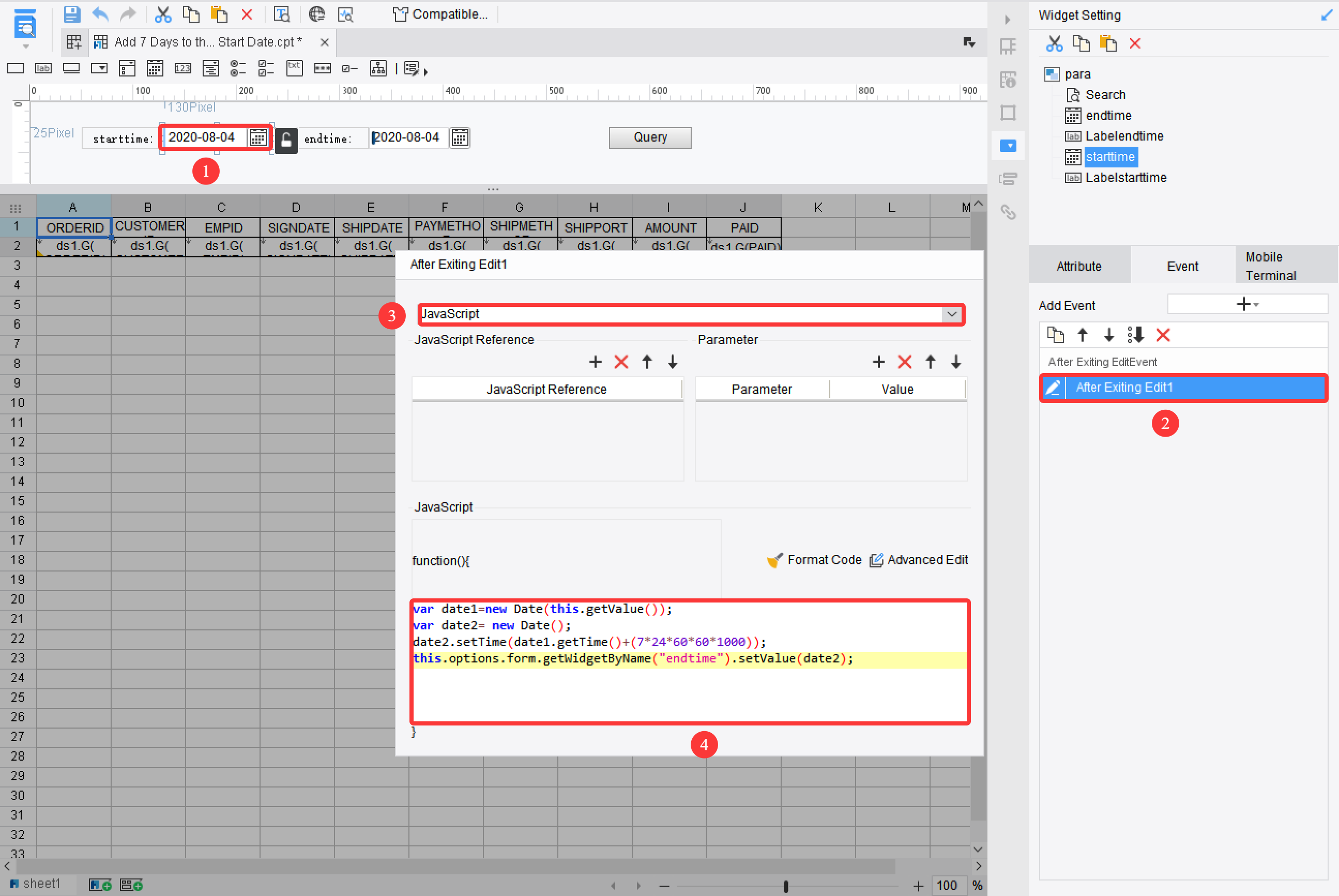 Adding Seven Days to the End Date After Editing the Start Date by JS-FineReport Help Document