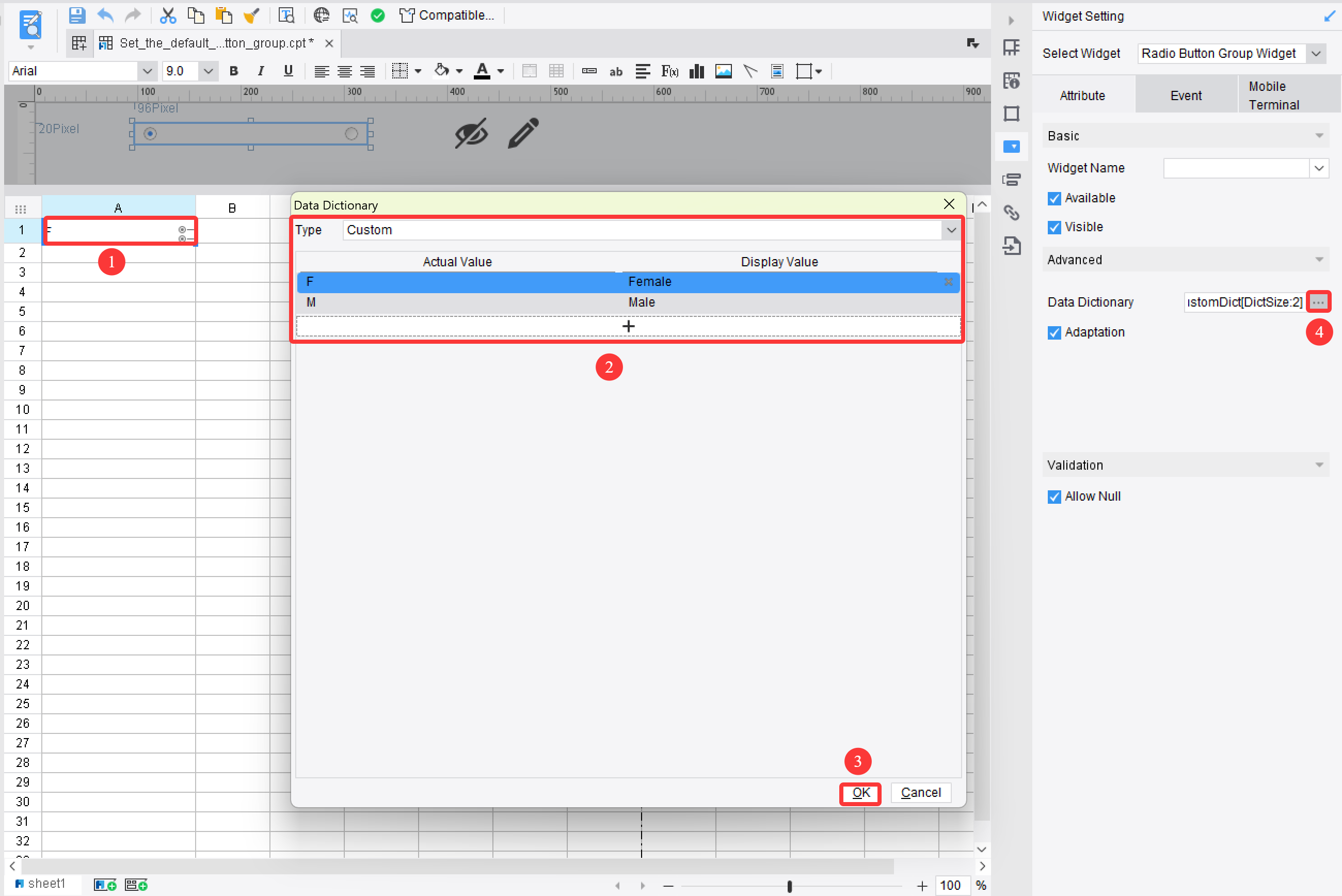 Default Value Setting for the Radio Button Group Widget-FineReport Help Document
