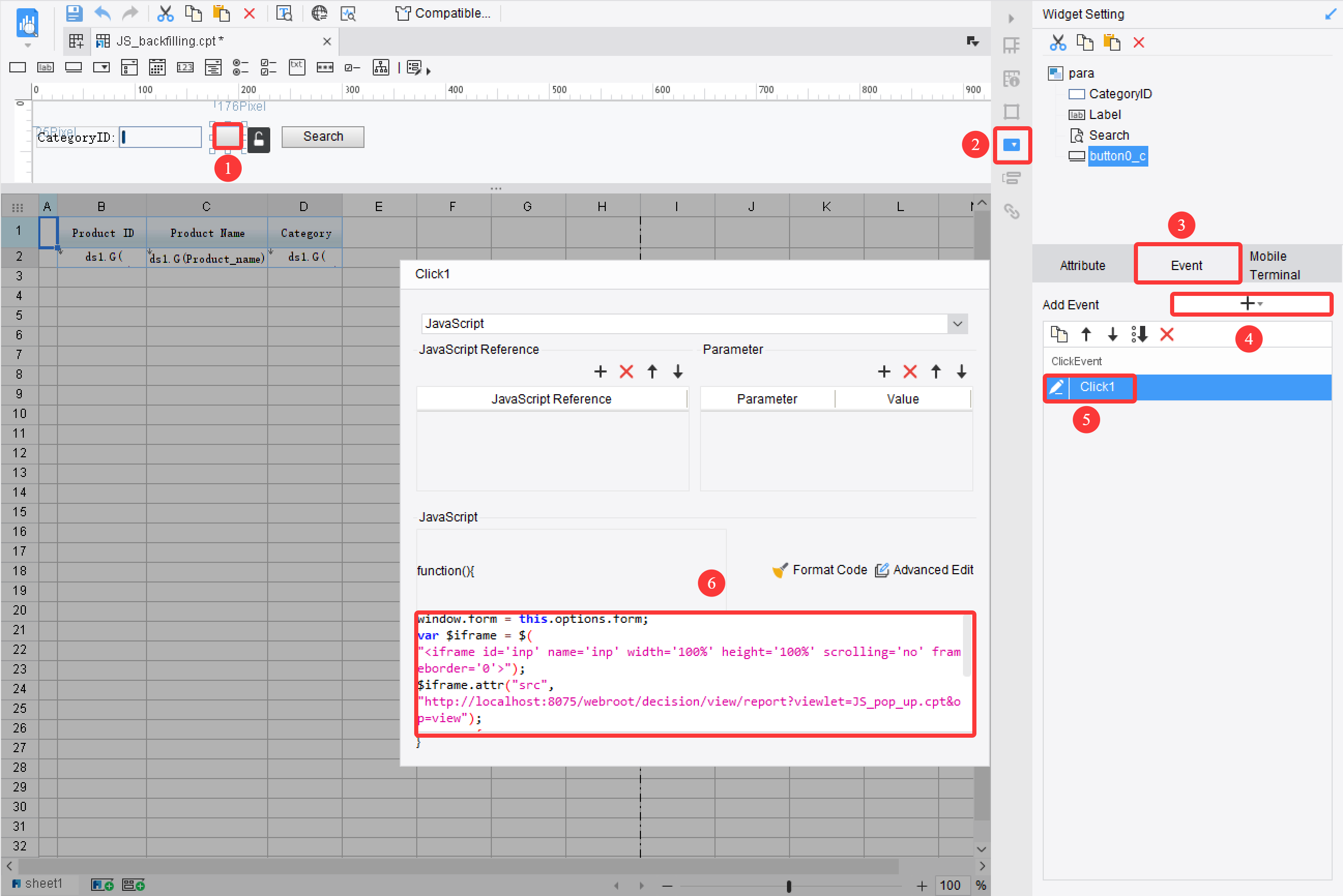 Data Backfilling After a Pop-up Window by JS-FineReport Help Document