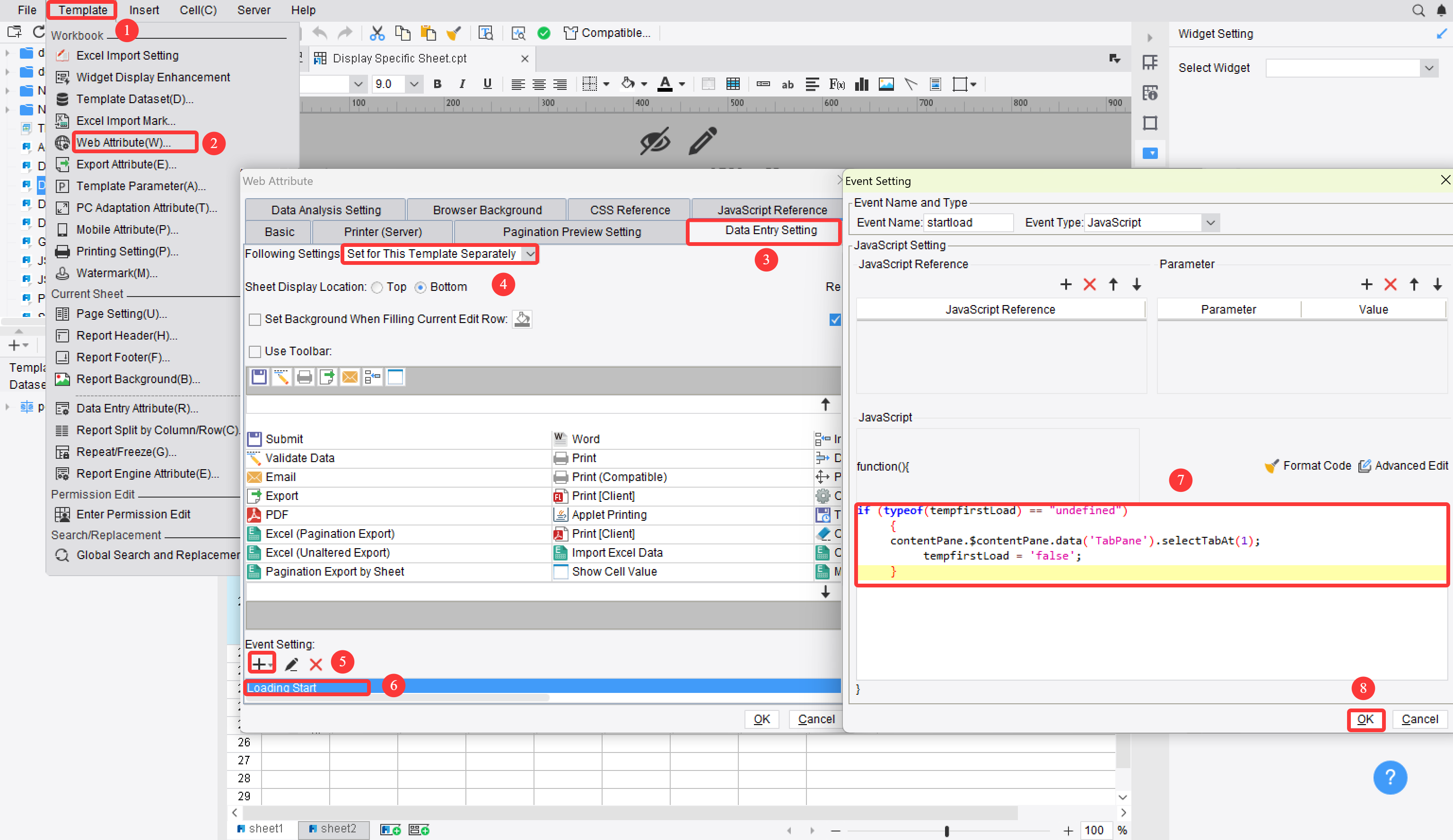 Displaying the Specified Sheet Tab Page by Default After Page Loading by JS-FineReport Help Document