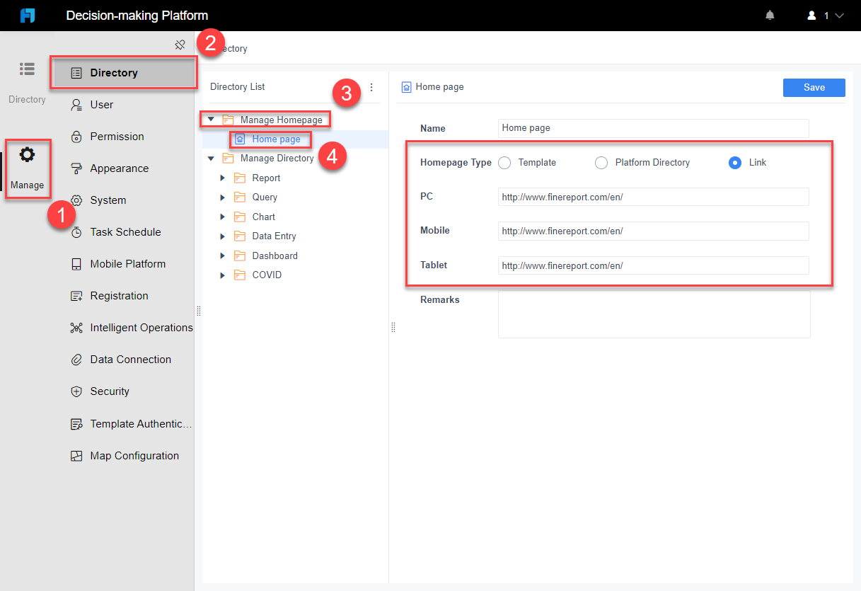 Homepage Management-FineReport Help Document