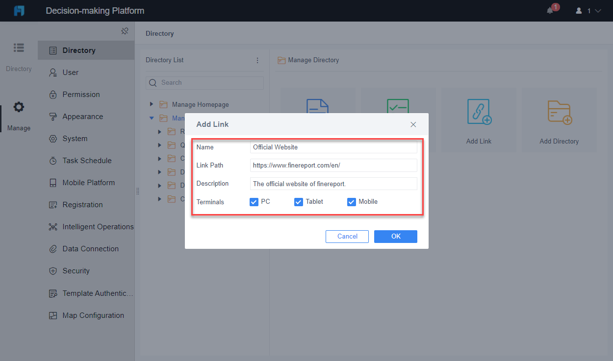 Add Content to Platform Directory-FineReport Help Document