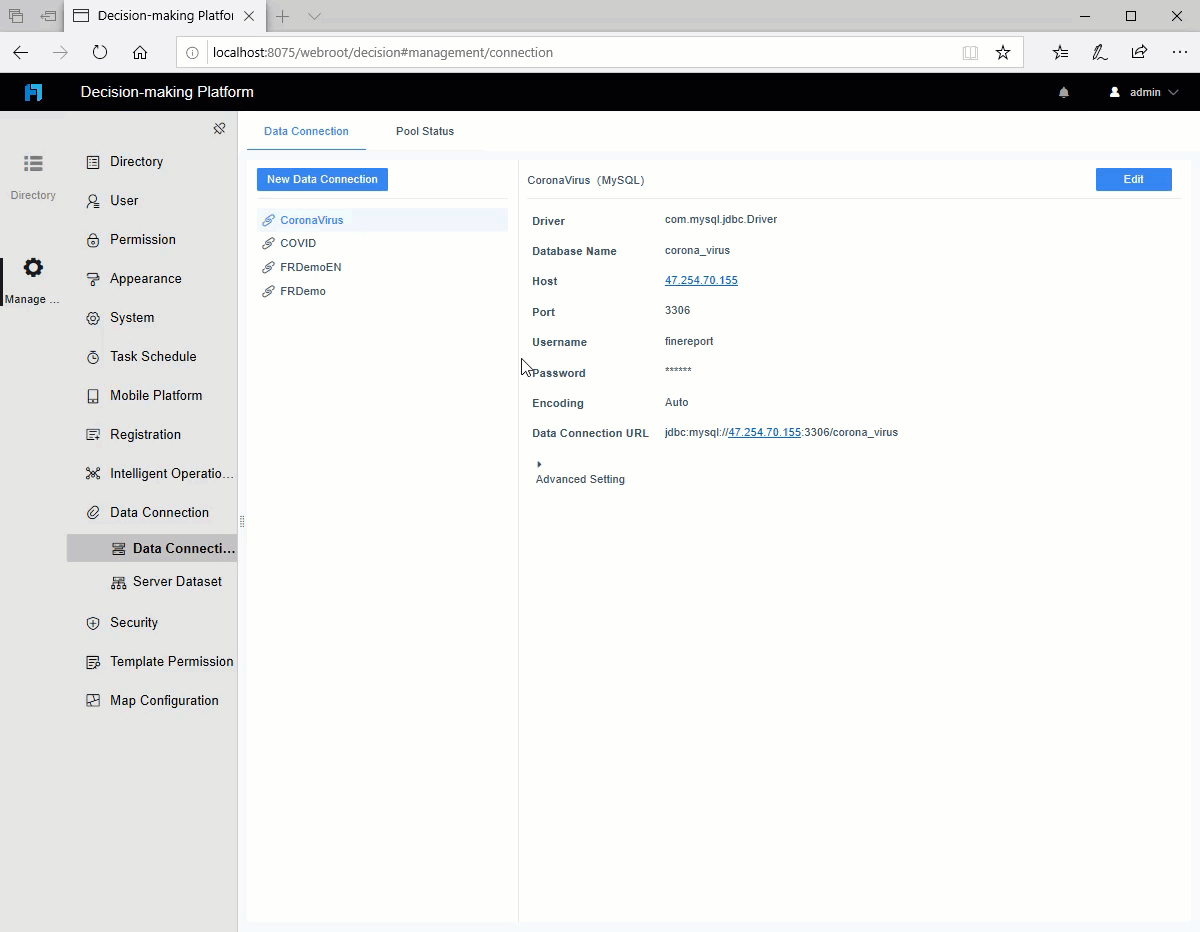 Data Connection at Platform-FineReport Help Document