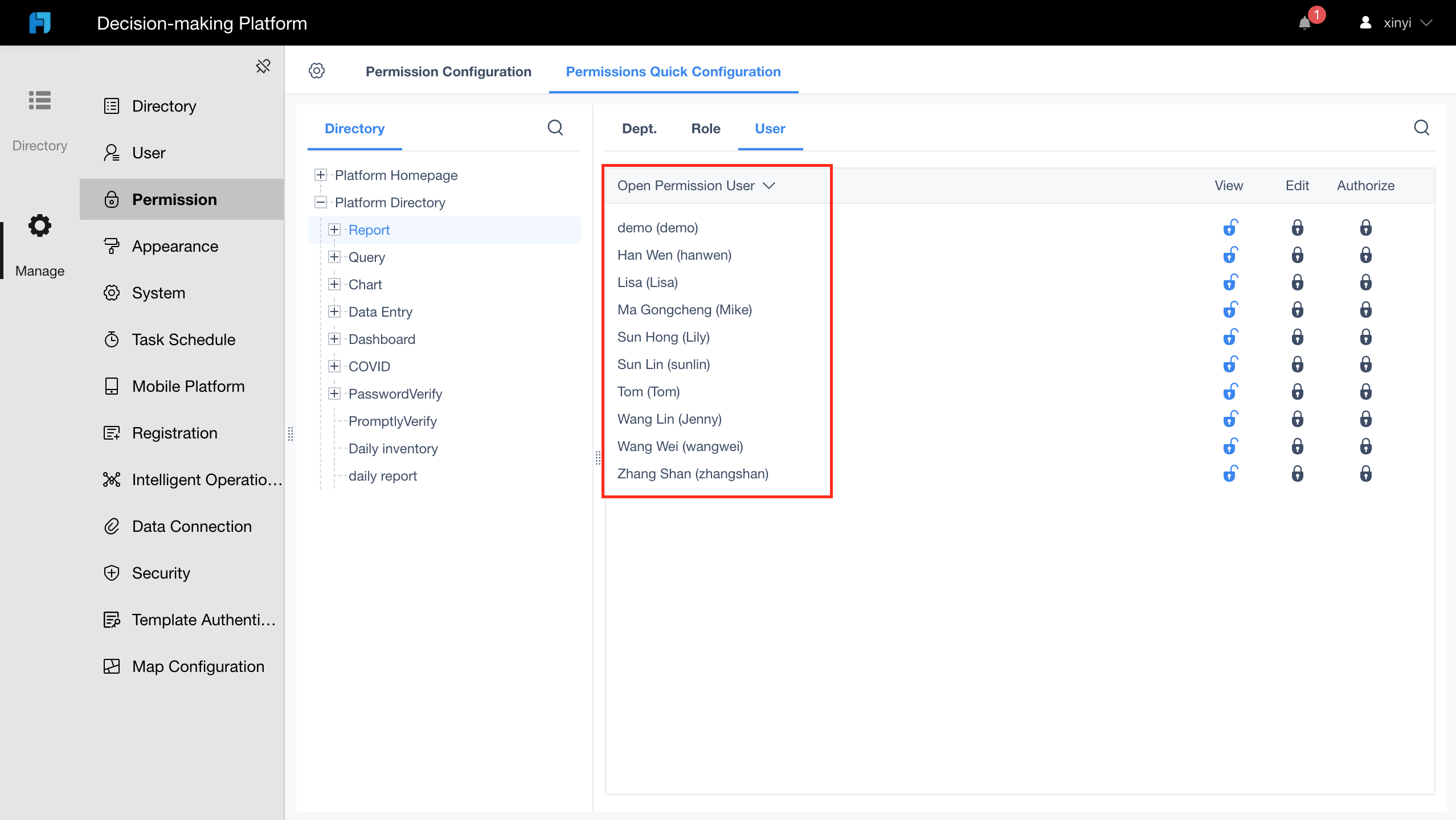 Open Permission Users-FineReport Help Document
