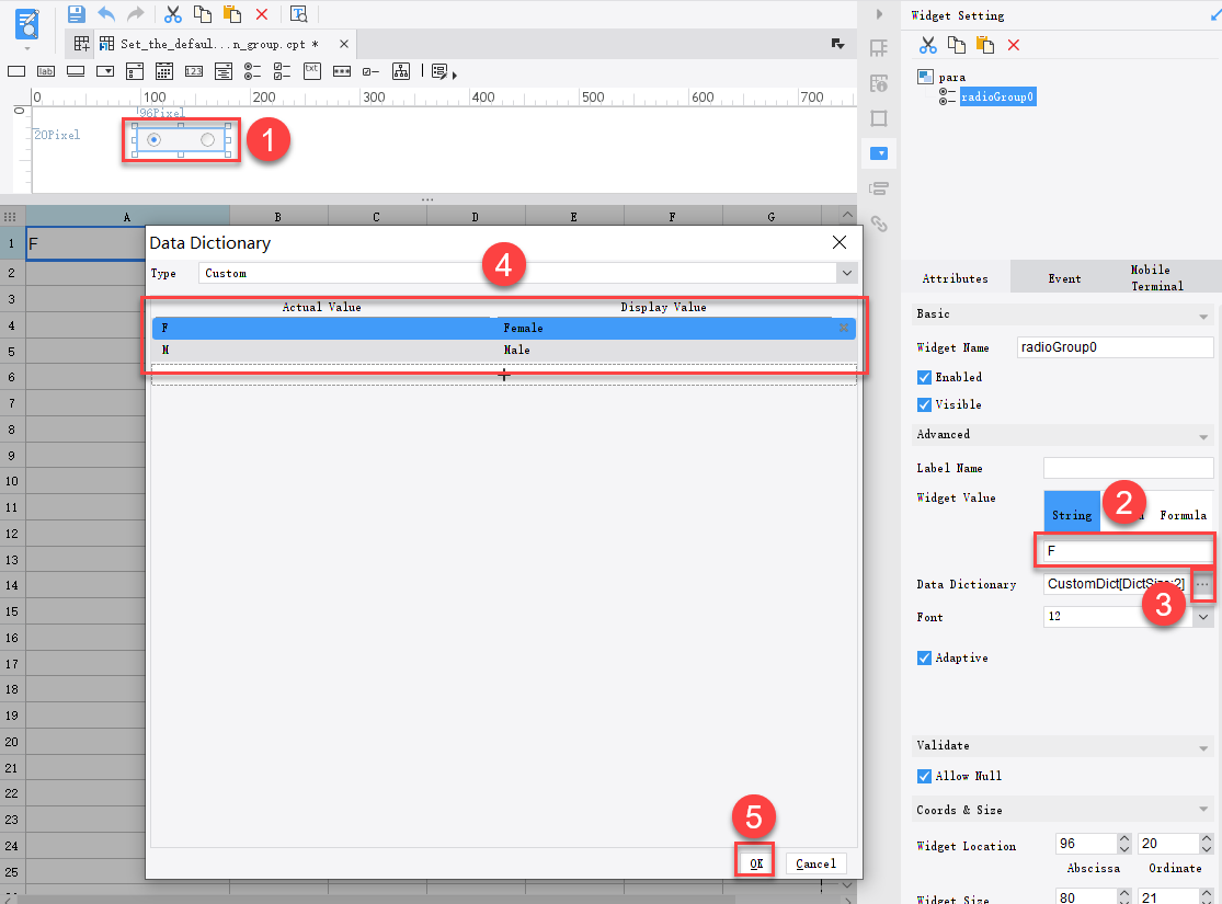 Set the default value of the radio button group-FineReport Help Document