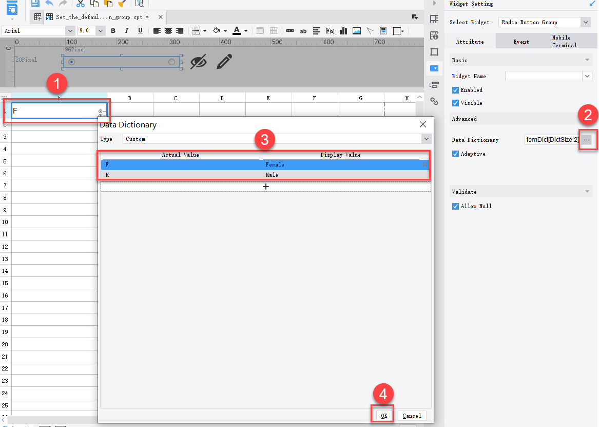Set the default value of the radio button group-FineReport Help Document
