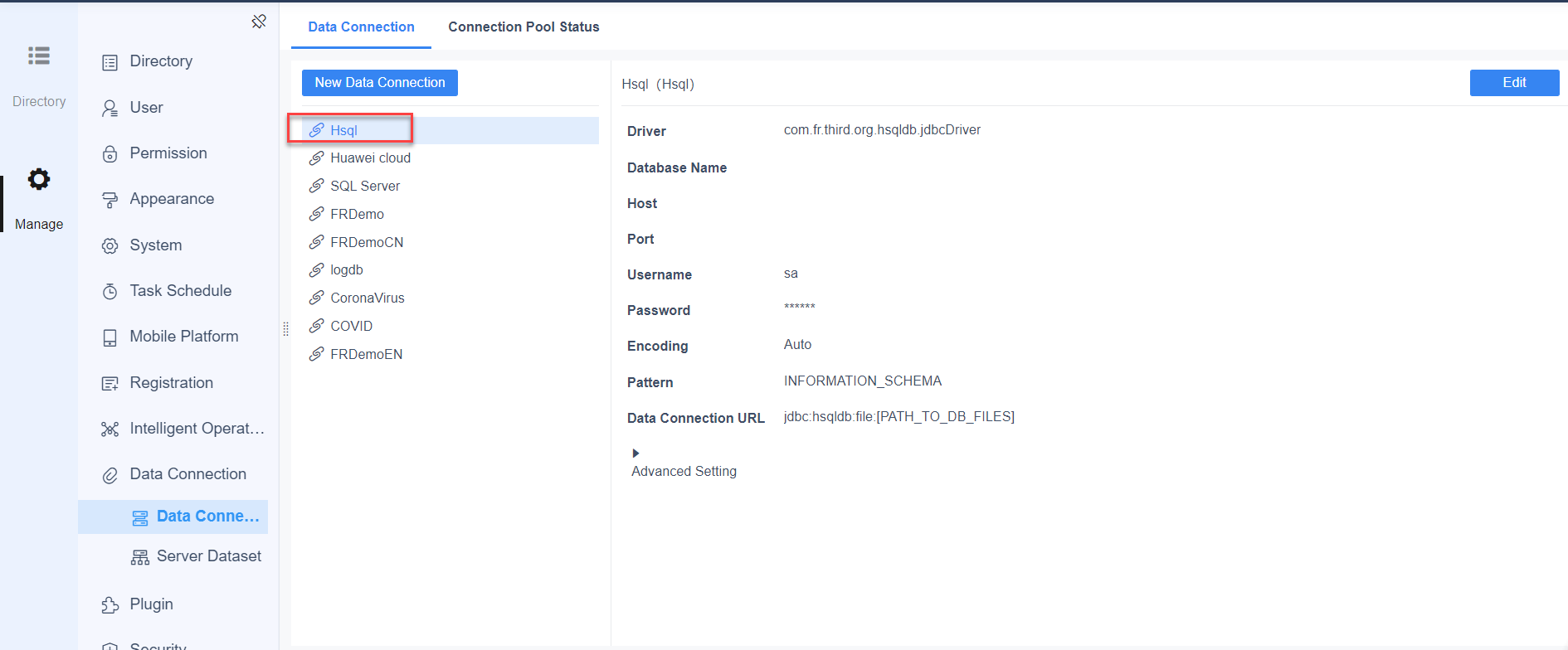 [Platform]HSQL data connection-FineReport Help Document