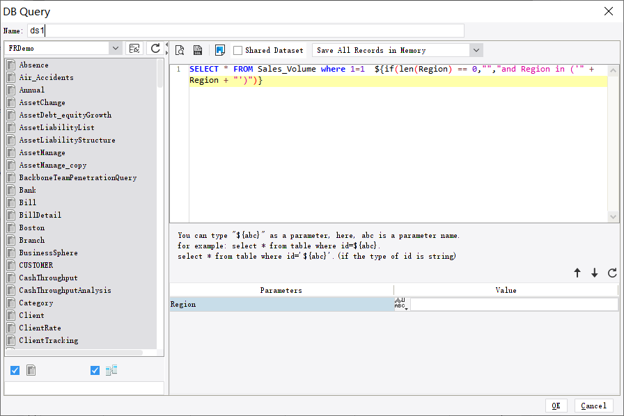 When Value of Drop-down Checkbox is None, Show All Data-FineReport Help Document